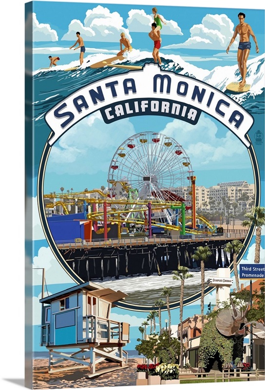Santa Monica, California - Montage Scenes: Retro Travel Poster | Great ...