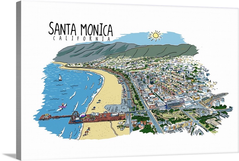 Santa Monica Pier - Line Drawing Wall Art, Canvas Prints, Framed Prints ...