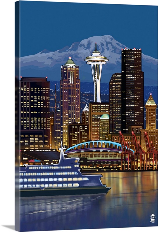 Seattle, Washington at Night - Image Only: Retro Poster Art | Great Big ...