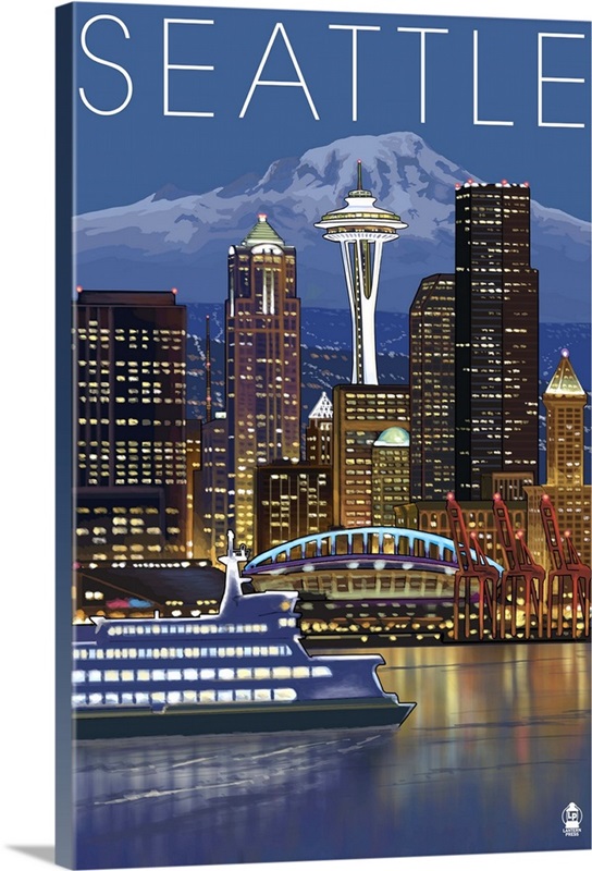 Seattle, Washington at Night: Retro Travel Poster | Great Big Canvas