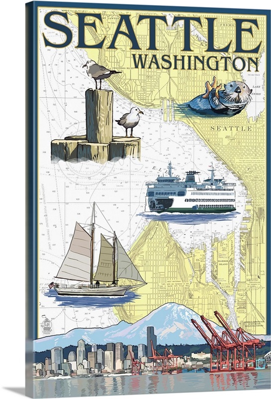 Seattle, Washington - Nautical Chart: Retro Travel Poster | Great Big ...