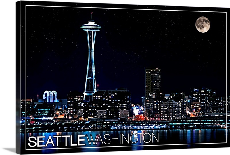 Seattle, Washington - Skyline and Full Moon | Great Big Canvas