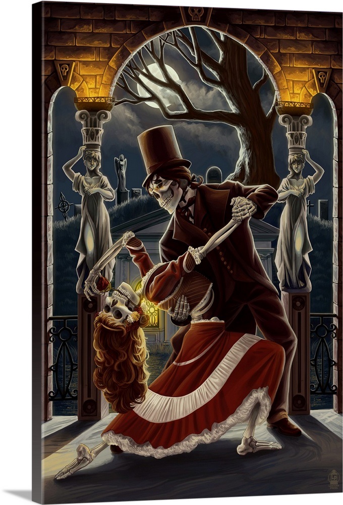 Skeletons Dancing in Graveyard: Retro Travel Poster Wall Art, Canvas ...