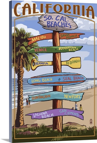 Southern California Beaches - Destination Sign: Retro Travel Poster ...