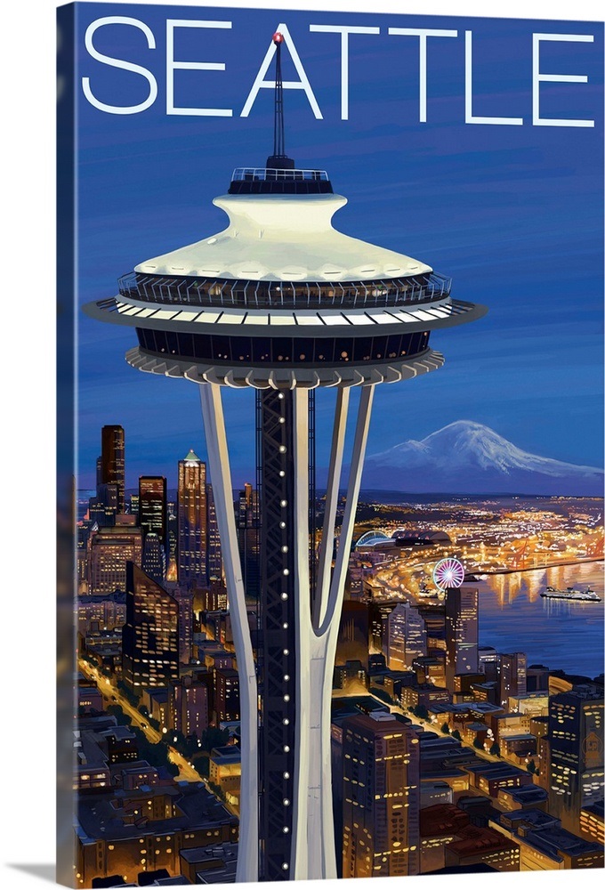 Space Needle Aerial View - Seattle, WA: Retro Travel Poster Wall Art ...
