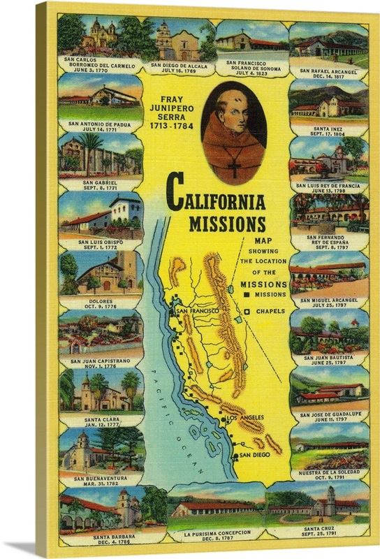 Spanish Missions of California, showing 21 Missions, California State ...