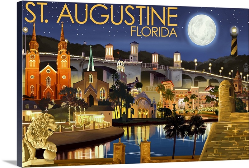 St. Augustine, Florida - Night Scene: Retro Travel Poster | Great Big ...
