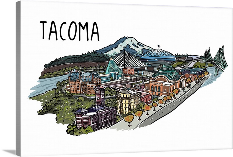 Tacoma, Washington - Line Drawing Wall Art, Canvas Prints, Framed ...