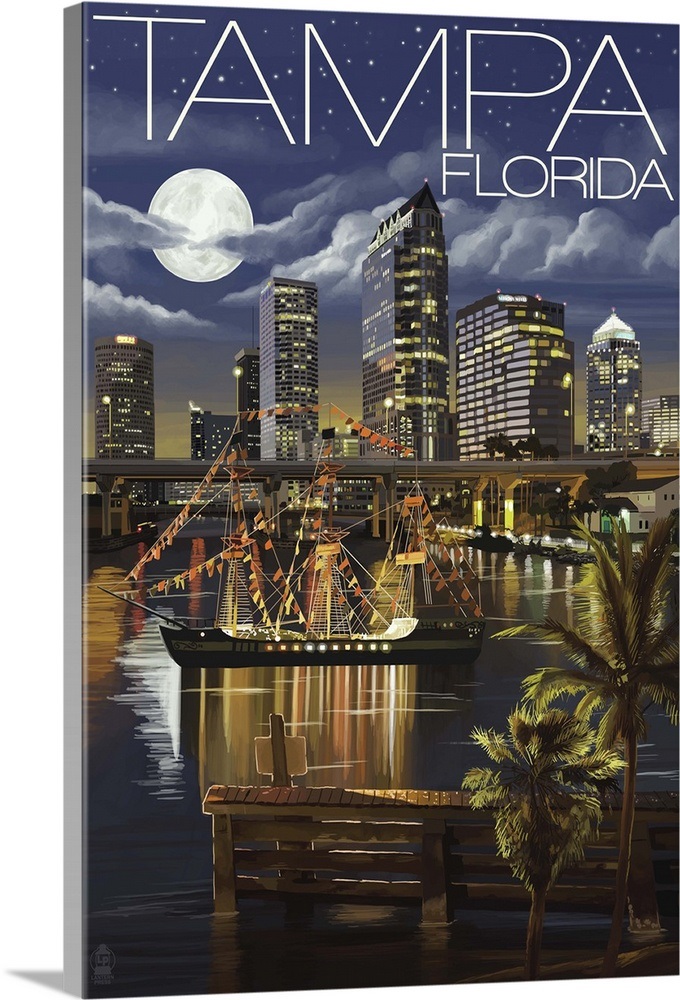 Tampa, Florida - Skyline at Night: Retro Travel Poster Wall Art, Canvas ...