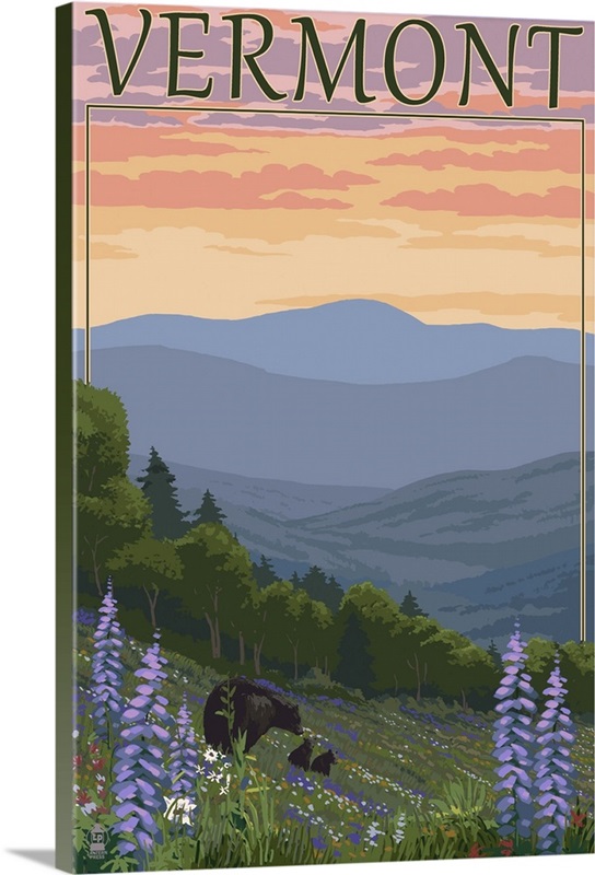 Vermont - Spring Flowers and Bear Family: Retro Travel Poster | Great ...