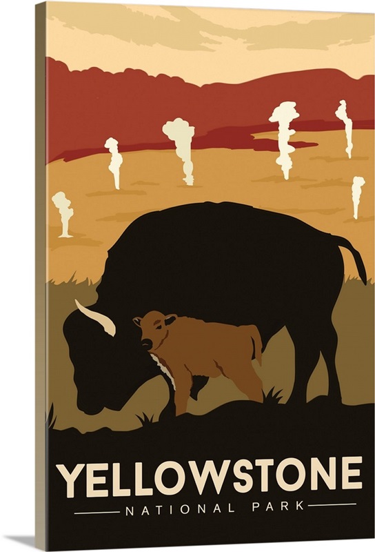 Yellowstone National Park, Bison And Calf: Graphic Travel Poster ...