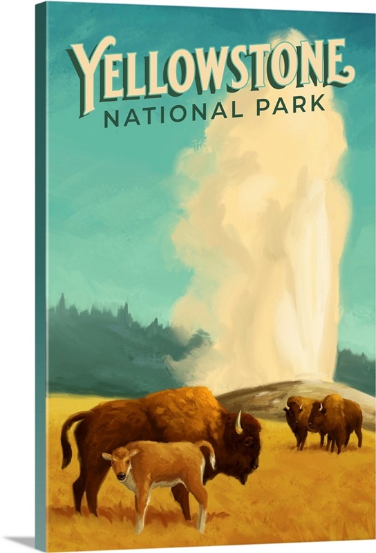 Yellowstone National Park, Bison With Geyser Erupting: Retro Travel ...