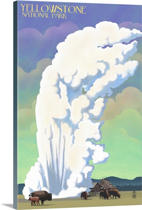 Yellowstone National Park, Geyser And Bison: Retro Travel Poster ...