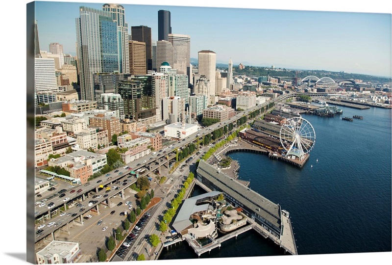 Downtown Skyline and Waterfront, Seattle, Washington - Aerial ...