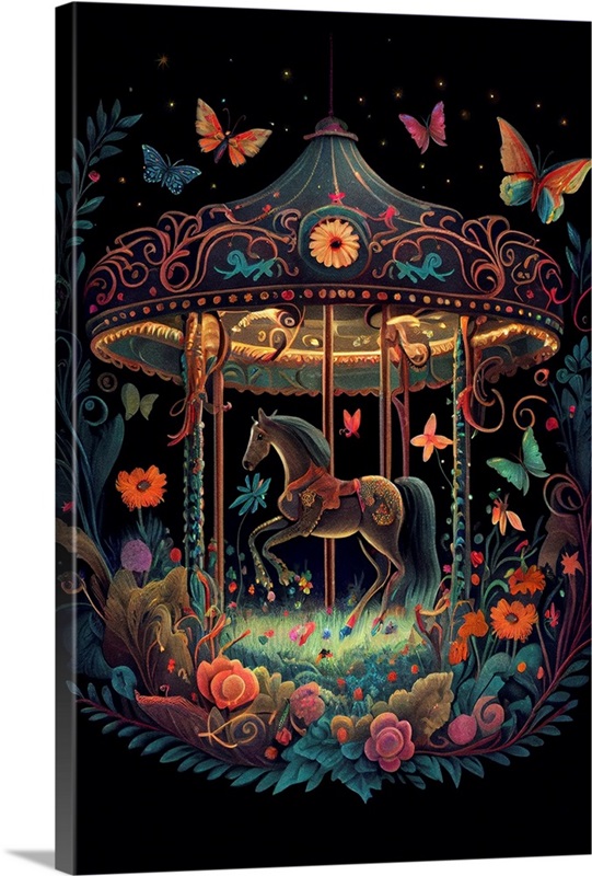 Glowing Carousel Dark Night Garden | Great Big Canvas