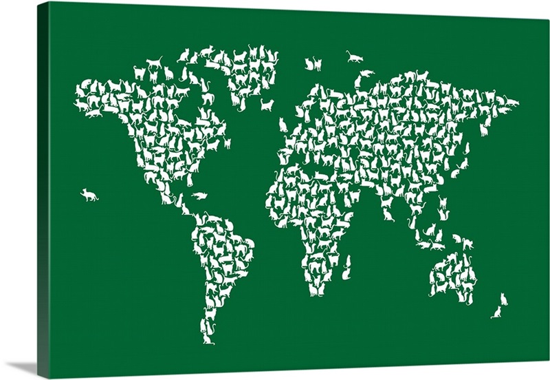 Cats Map of the World, Dark Green Wall Art, Canvas Prints, Framed ...