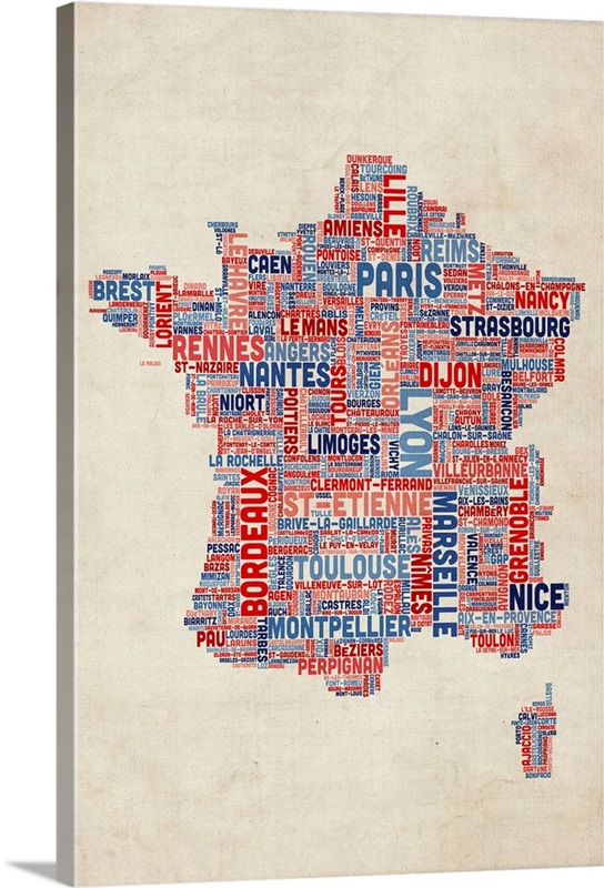 French Cities Text Map, French Colors on Parchment | Great Big Canvas