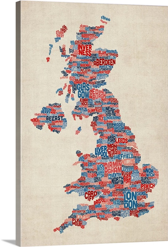 Great Britain UK City Text Map, Blue and Red | Great Big Canvas