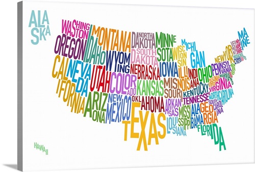 Map of USA showing State names in text Wall Art, Canvas Prints, Framed ...