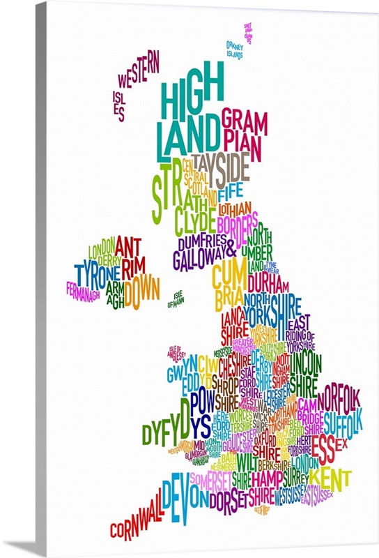 UK Map make up of County names - rainbow colors | Great Big Canvas