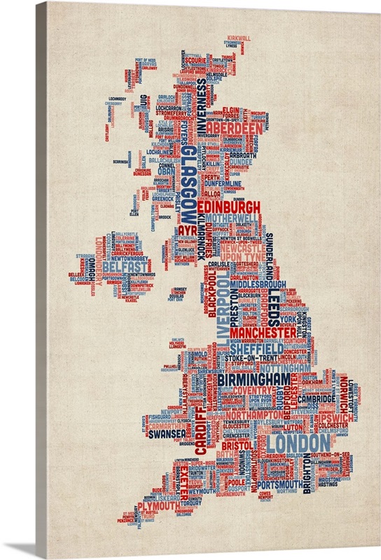 United Kingdom Cities Text Map, UK Colors on Parchment | Great Big Canvas