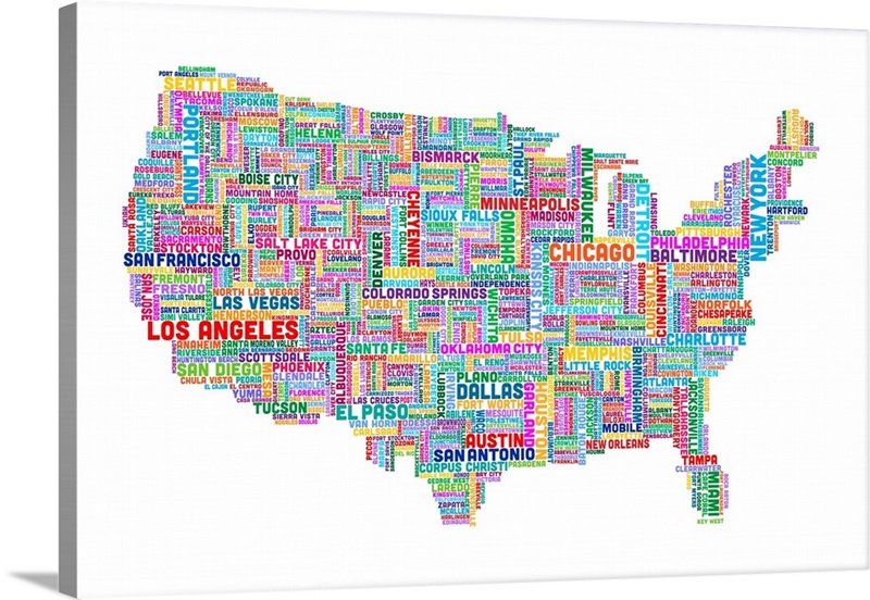 United States Cities Text Map, Multicolor on White | Great Big Canvas