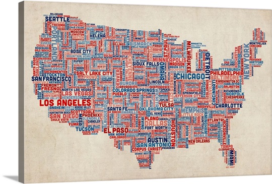 United States Cities Text Map, US Colors on Parchment Wall Art, Canvas ...