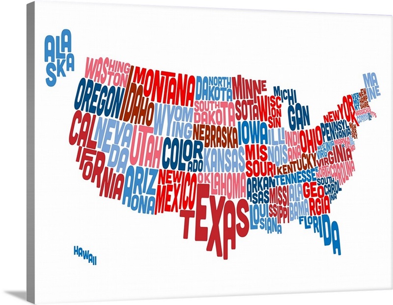 United States Typography Text Map Wall Art, Canvas Prints, Framed ...
