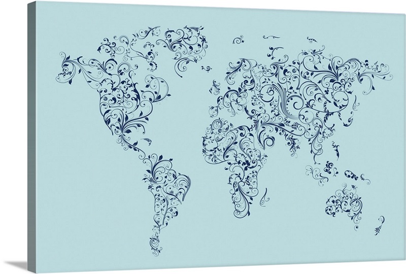 World map made up of Floral Swirls - blue background | Great Big Canvas