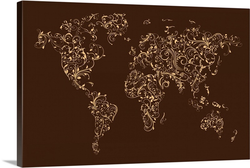 World map made up of Floral Swirls - brown background | Great Big Canvas