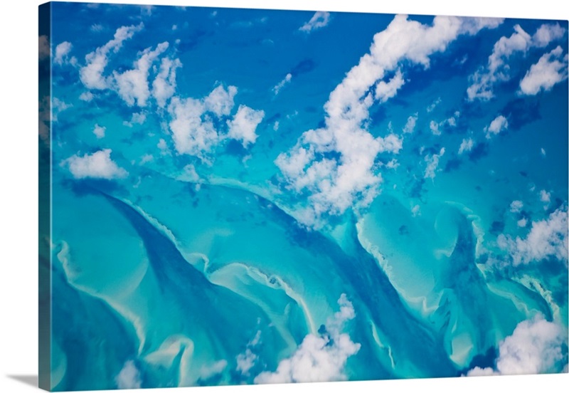 Aerial of a Caribbean sandbar with current created grooves and channels ...