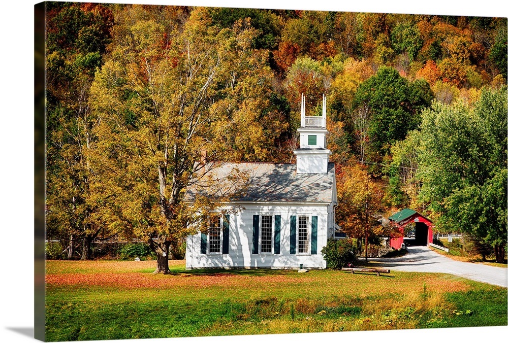 White Church and Red Covered Bridge in Arlington, Vermont Wall Art ...