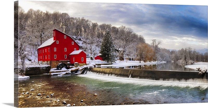 Winter Landscape Of A Red Gristmill And A Waterfall | Great Big Canvas
