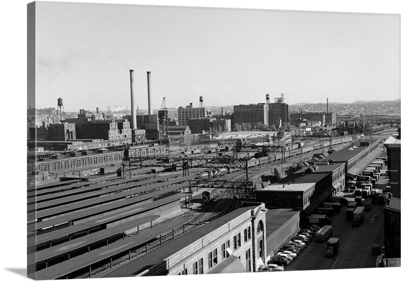 1950's Aerial Of Railroad Yard At Industrial Site Surrounded By ...