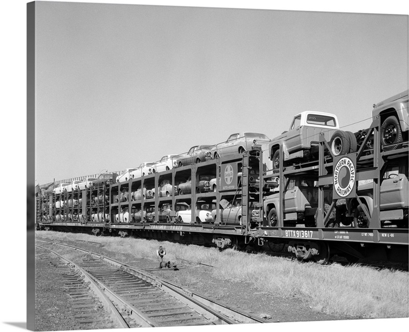 1960's Railroad Freight Train Carrying Automobiles And Pickup Trucks ...