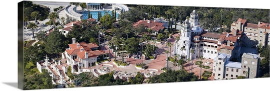 Aerial view of a castle on a hill, Hearst Castle, San Simeon ...