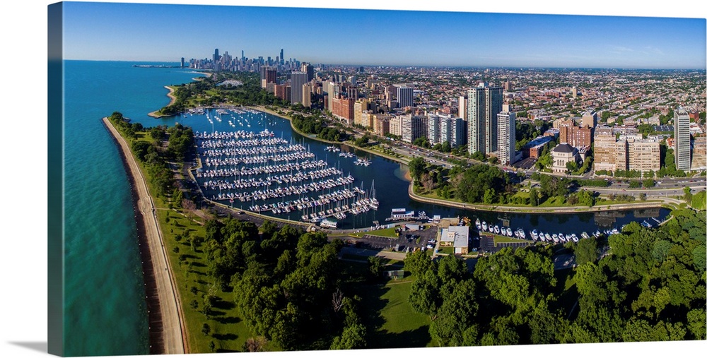 Aerial view of Belmont Harbor and skyline, Chicago, Cook County ...