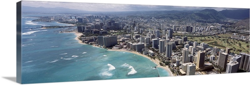 Aerial view of buildings at the waterfront, Waikiki Beach, Honolulu ...