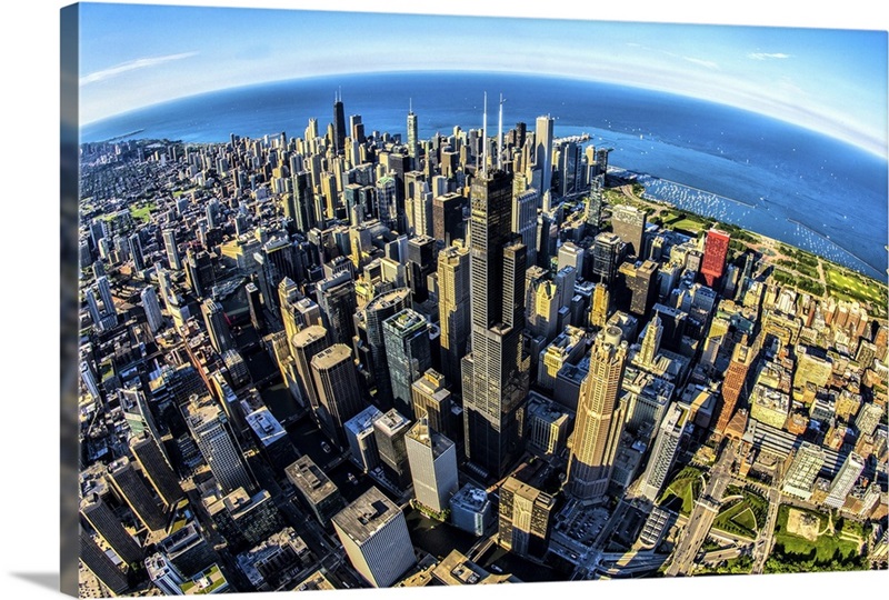 Aerial view of Chicago skyline at waterfront, Chicago, Cook County ...