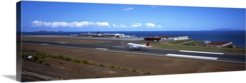 Airplane on the runway at an airport, Funchal Airport, Funchal, Madeira ...