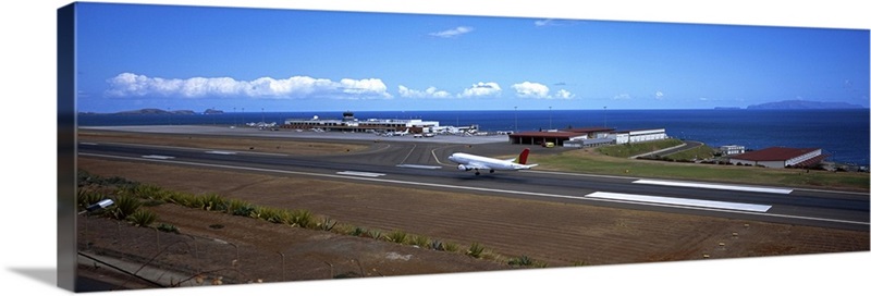 Airplane on the runway at an airport, Funchal Airport, Funchal, Madeira ...
