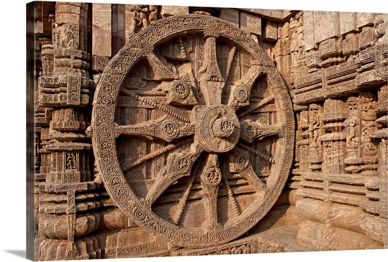 Architectural detail of stone carved chariot wheel in the temple, Sun ...