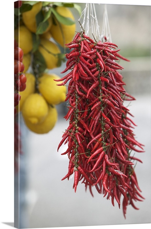 Close-up of lemons and red chili peppers, Positano, Amalfi Coast ...