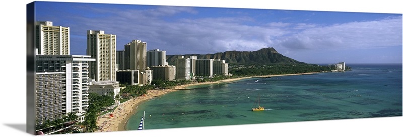 High angle view of a beach, Diamond Head, Waikiki Beach, Oahu, Hawaii ...