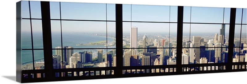 High angle view of a city as seen through a window, Chicago, Illinois ...
