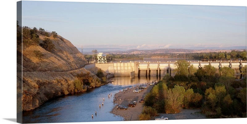 High angle view of a dam on a river, Nimbus Dam, American River ...
