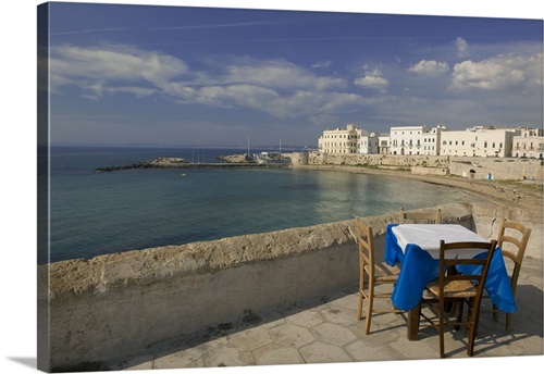 High angle view of a table and a chair in a cafe, Gallipoli, Apulia ...