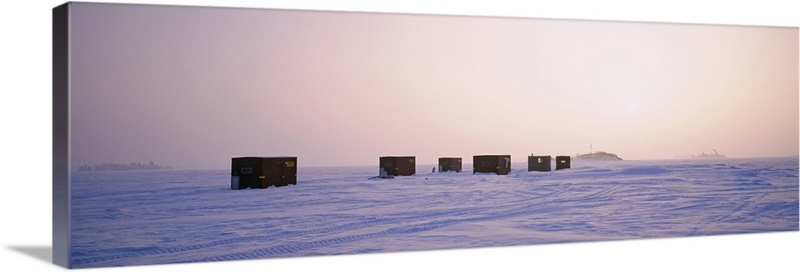 Ice fishing shacks on a frozen lake, Lake Of The Woods, Minnesota ...