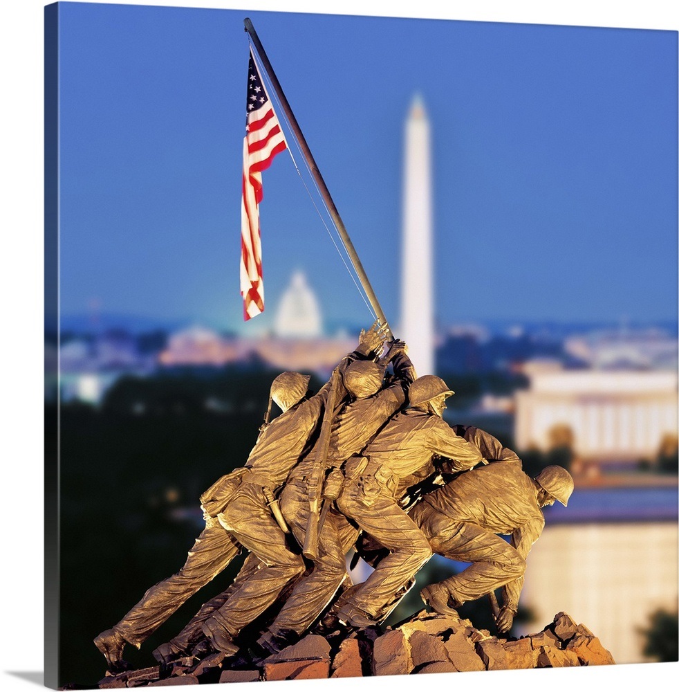Iwo Jima Memorial With Washington Monument In The Background Wall Art Canvas Prints Framed