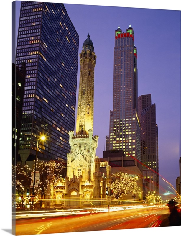 Low angle view of illuminated buildings at night, Chicago, Illinois ...